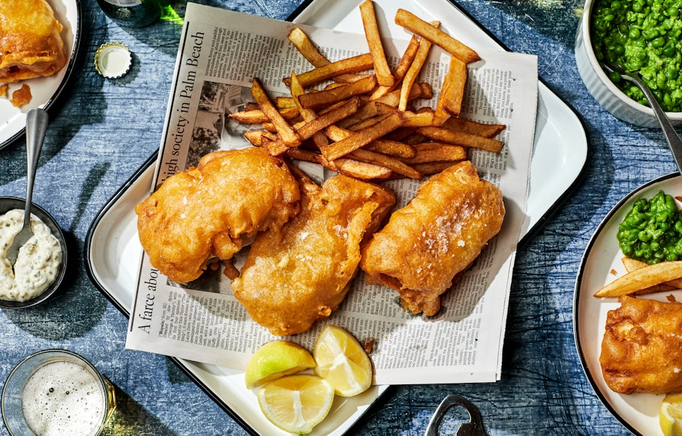 Beer Battered Fish and Chips, With Mushy Peas and Tartare Sauce ...